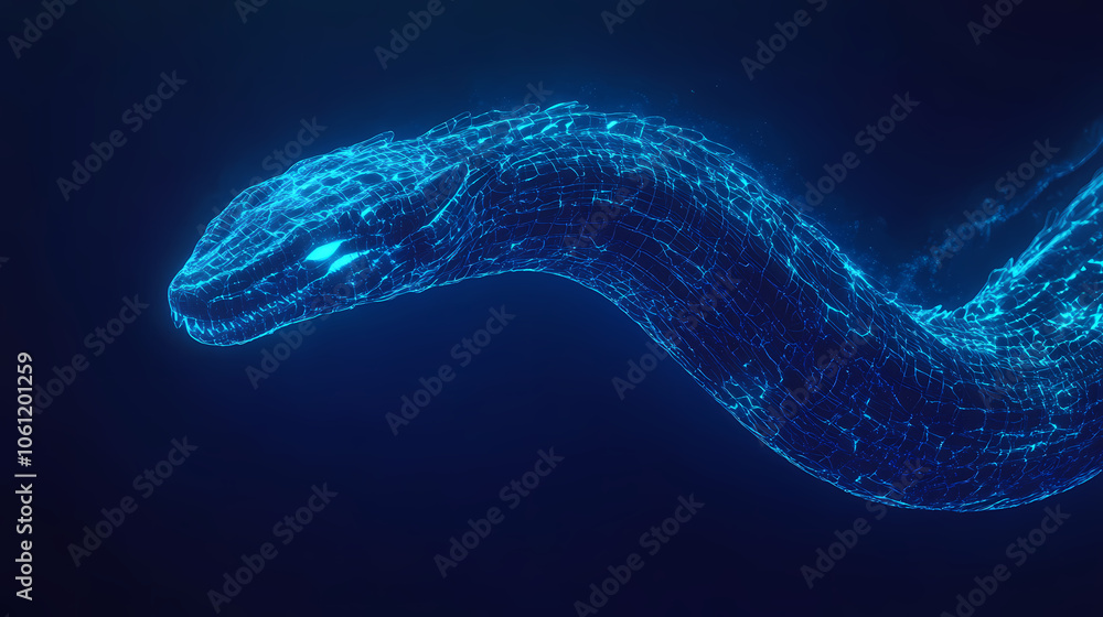 Gargantuan sea serpent its scales outlined in mesmerizing blue neon ...
