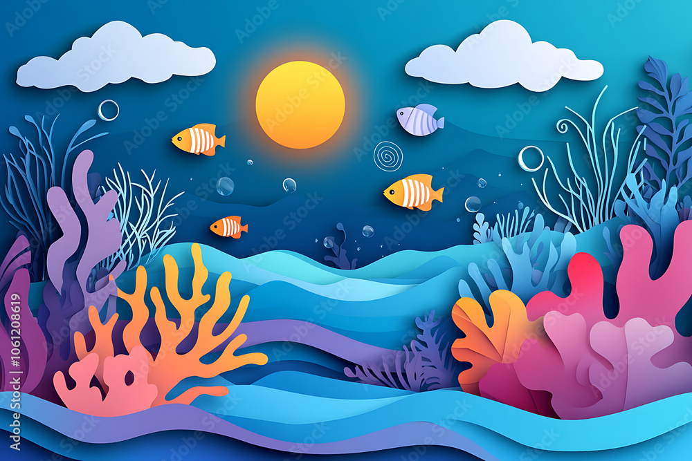 World Oceans Day paper cut sea background. paper craft summer poster ...