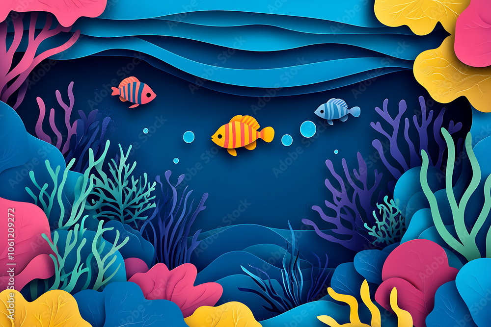 Ilustración de Stock World Oceans Day paper cut sea background. paper ...