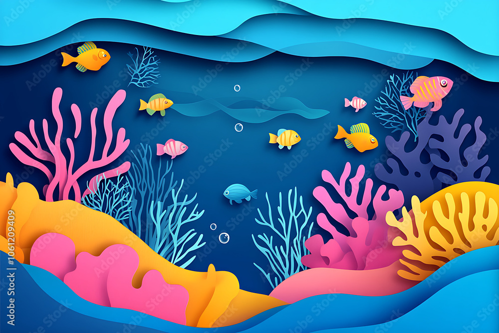 World Oceans Day paper cut sea background. paper craft summer poster ...