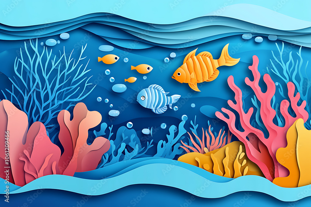 World Oceans Day paper cut sea background. paper craft summer poster ...