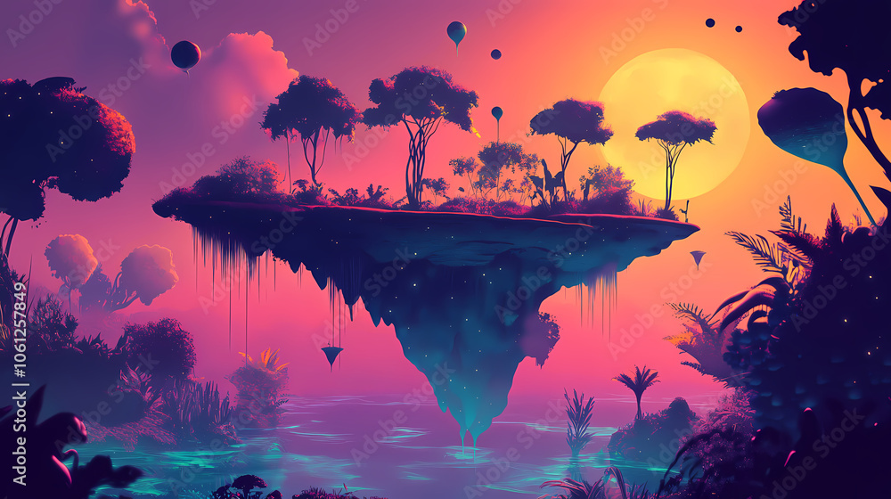 Surreal floating islands with levitating alien flora and fauna in a ...