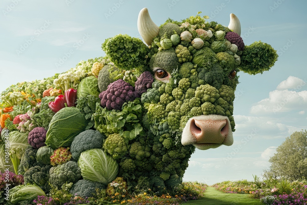 A creative representation of a cow made entirely of various vegetables ...
