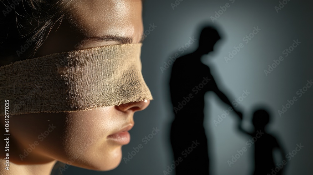 Silent complicity, mother with a blindfold embodying willful ignorance ...