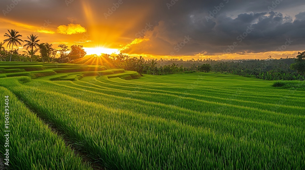 123.Expansive view of a lush green paddy field bathed in the golden ...