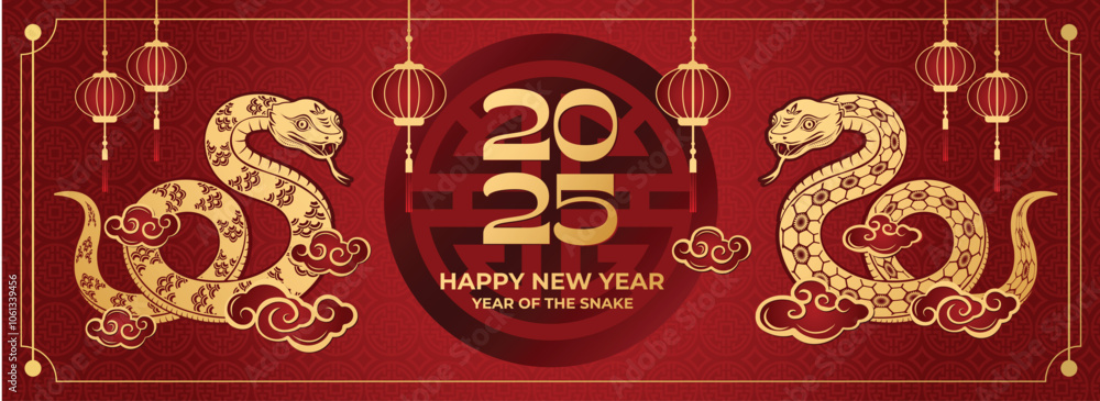 Chinese New Year 2025. Snake zodiac with lanterns, cloud on red ...