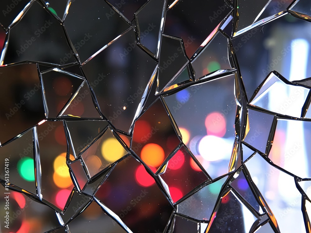 Abstract shards of broken glass reflecting colorful lights in different ...