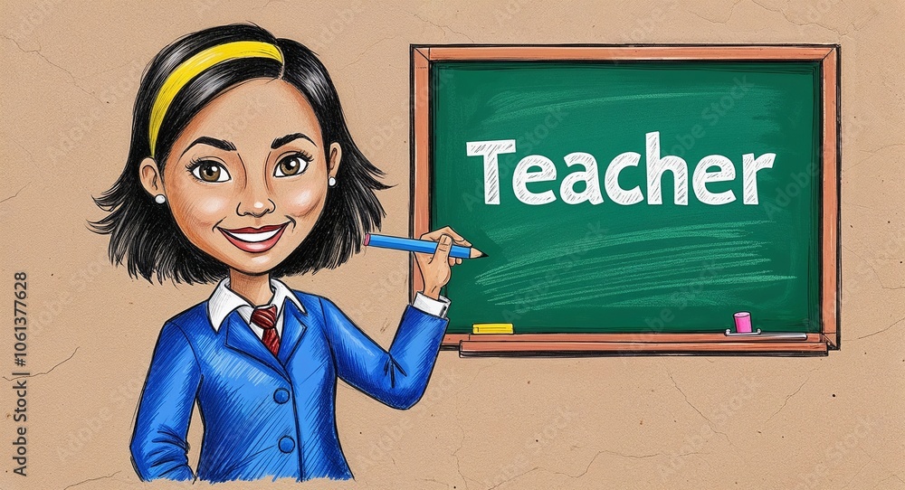 Hand drawing clipart of a teacher girl in front of a school chalkboard ...