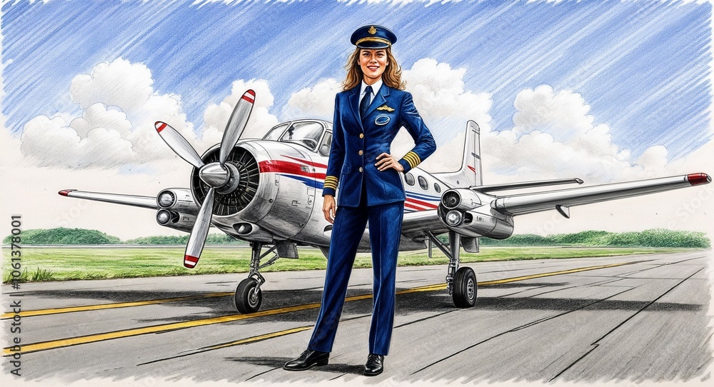 Hand drawing clipart of a woman pilot standing by an airplane on the ...