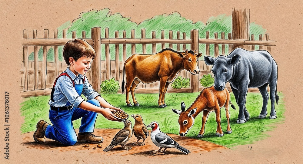 Hand drawing clipart of a zookeeper boy feeding animals in a jungle ...
