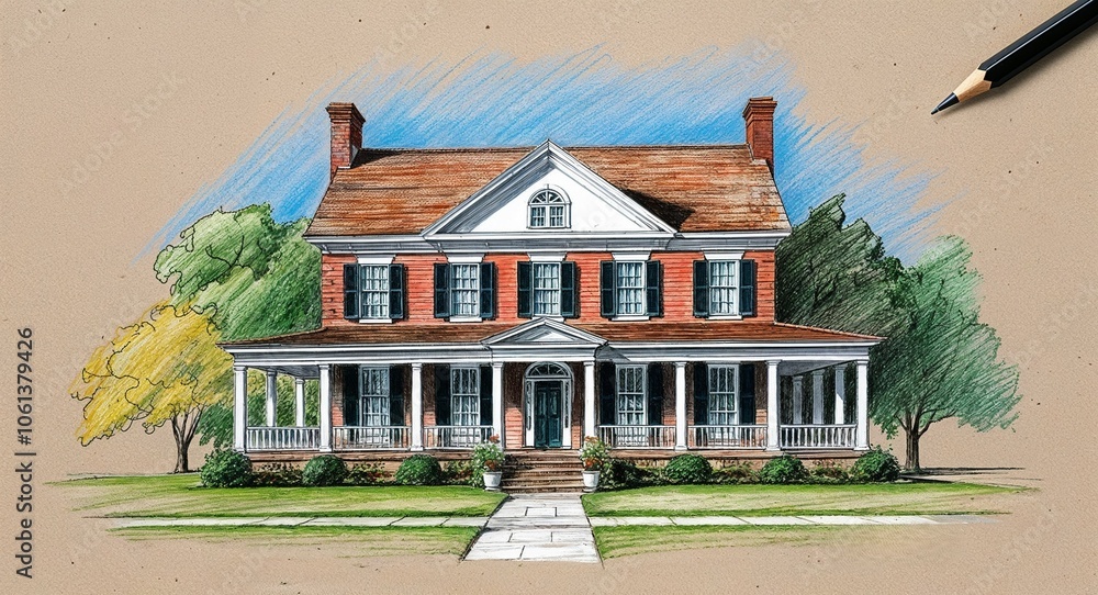 Classic colonial house hand drawing Stock Illustration | Adobe Stock