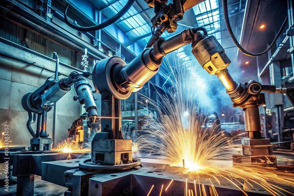 Surreal Five Axis Robot Welding Steel in an Industrial Setting ...