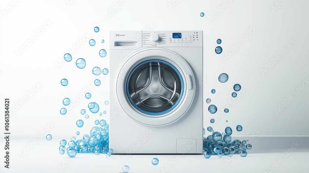 Interior with washing machine and soap bubbles,Vector realistic ...
