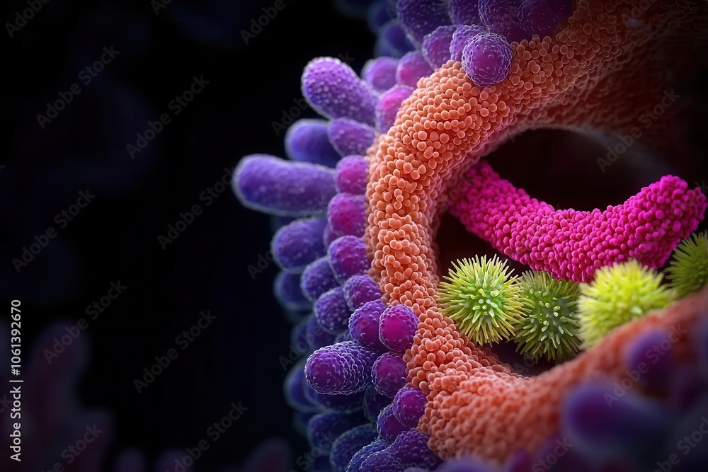 Closeup of gut bacteria visualized inside the intestines, with friendly ...