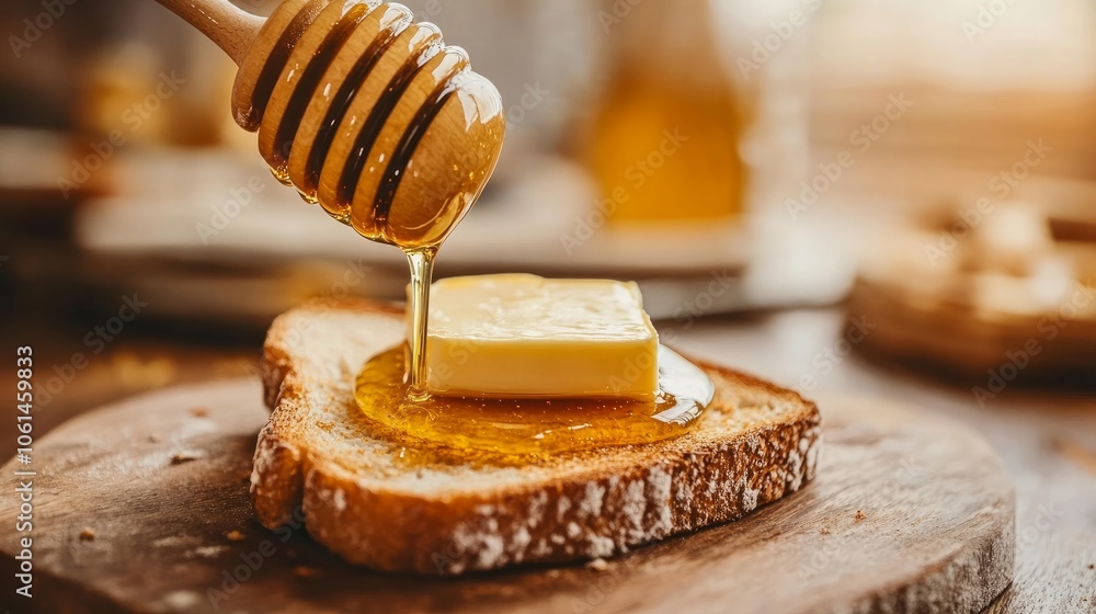 Making butter toast with pure organic bee honey for a nutritious ...