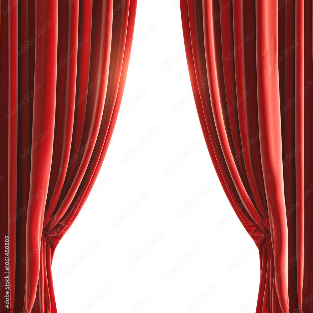 Luxurious red velvet curtains slightly parted at the center, on a ...