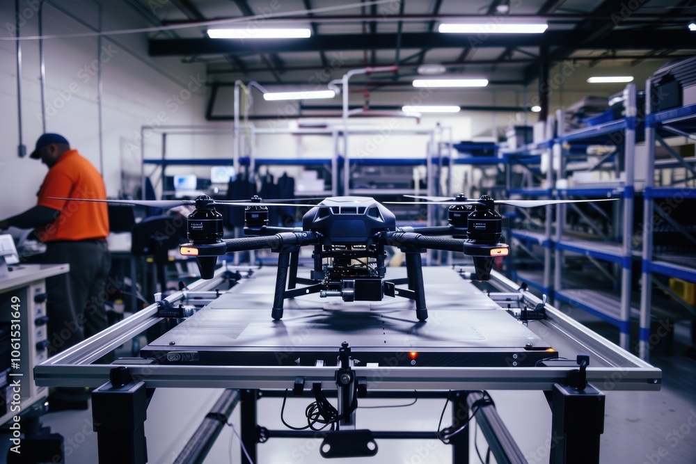 Engineers in a cutting-edge drone manufacturing facility inspect ...