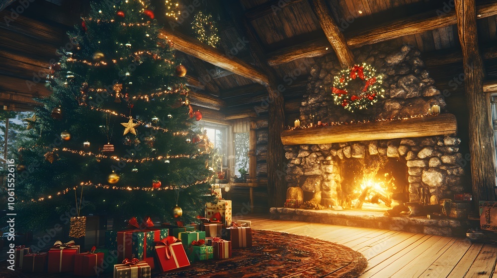 Cozy Christmas scene featuring a decorated tree, colorful gifts, and a ...