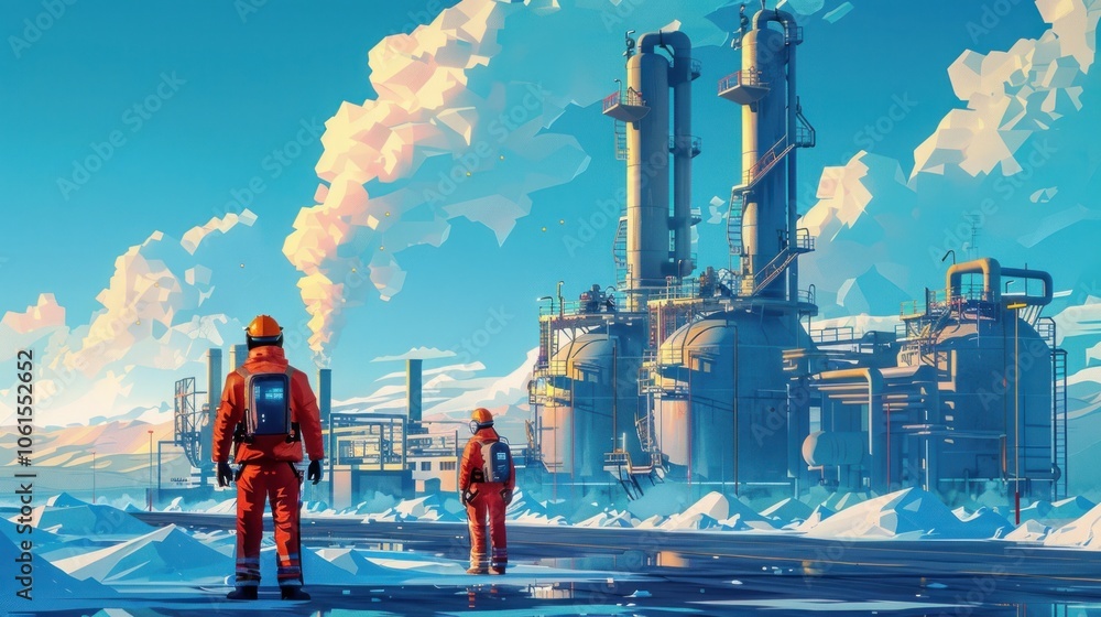 Futuristic sci fi of a large industrial power plant or factory situated ...