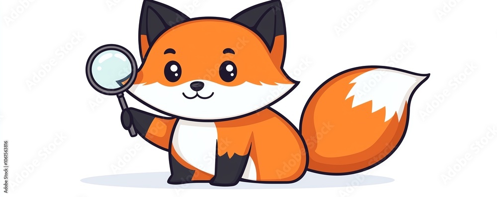 3 Chibi fox cartoon with a playful smile, holding a tiny magnifying ...