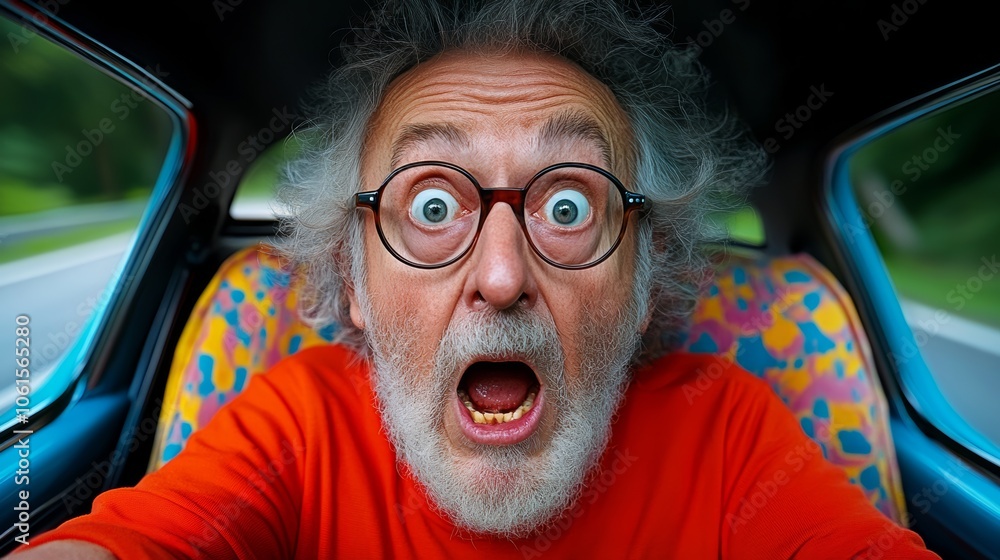 Man with a big shock on his face is driving a car. He is wearing ...