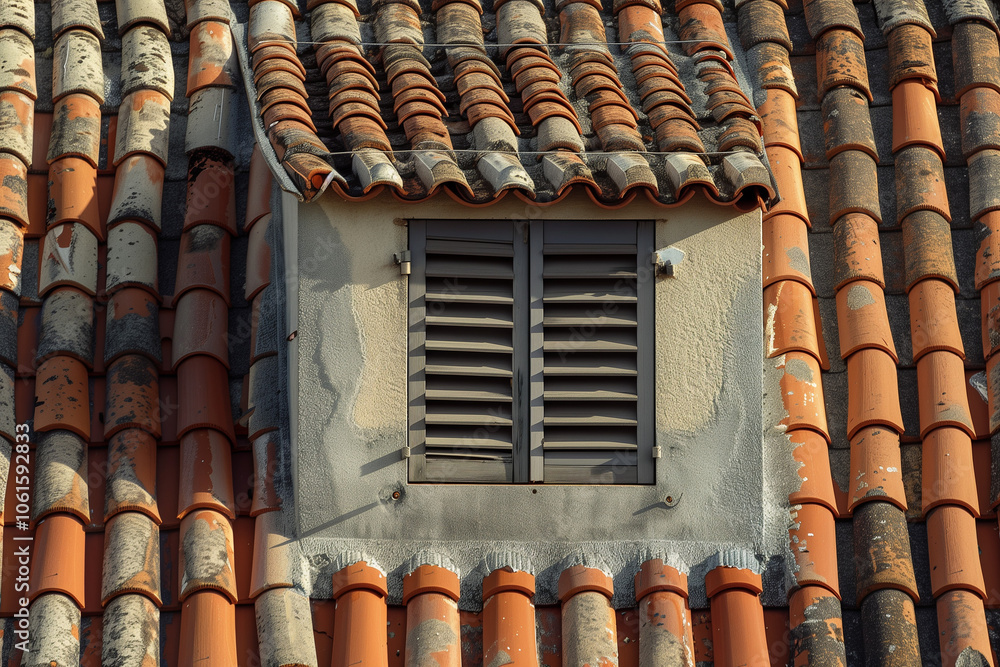 Sloped red clay tile roof with round beaver tail edge. black metal ...