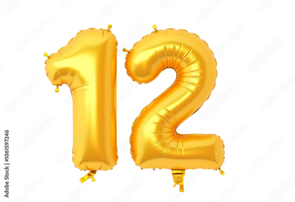Number 12 made of golden inflatable balloon isolated on transparent ...