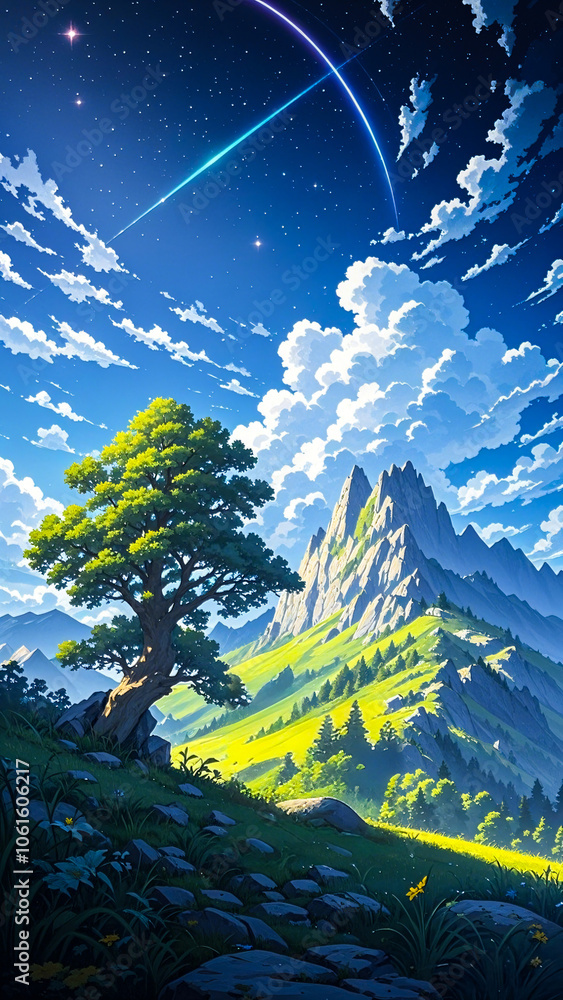 Majestic Tree of Life on a mountain peak with sprawling branches and ...