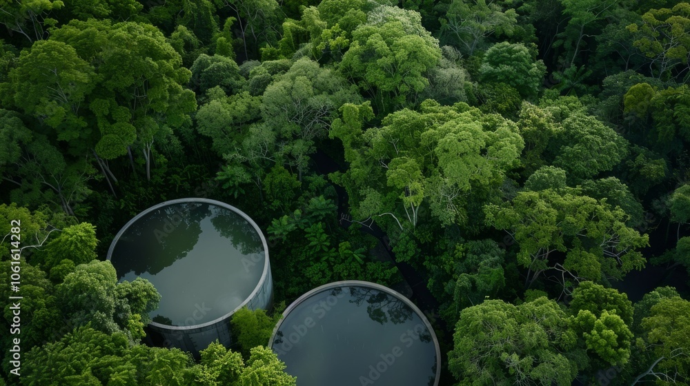 Surrounded by lush rainforest, two circular tanks blend seamlessly into ...