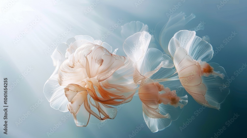 Ethereal jellyfish drift gracefully through the ocean, their diaphanous ...