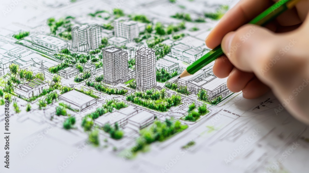 detailed sketch of urban master plan features green areas, high rise ...