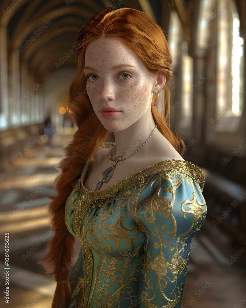 A photograph of a medieval princess with long red hair in an updo ...