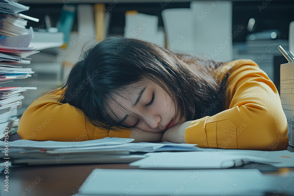 Employee looking completely drained, resting their head on a desk ...