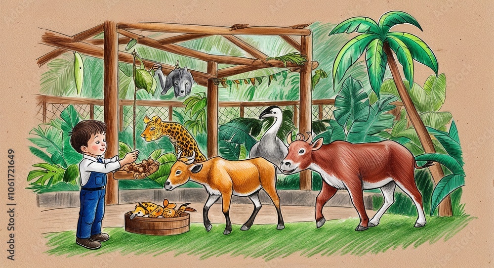 Hand drawing clipart of a zookeeper boy feeding animals in a jungle ...