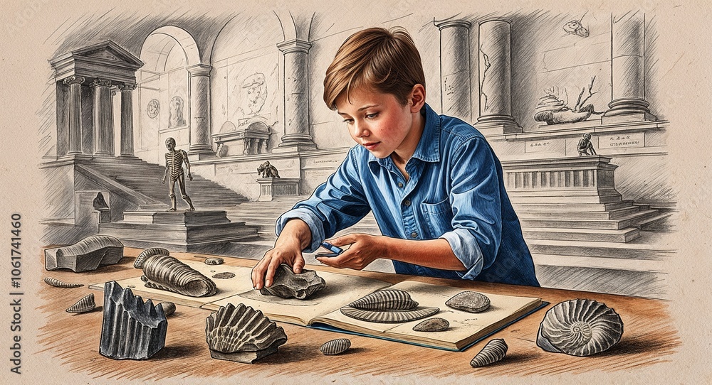 Hand drawing clipart of a scientist boy exploring fossils in a natural ...
