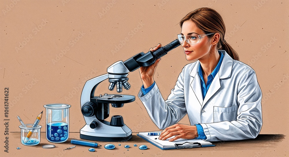 Hand drawing clipart of a scientist woman observing cells under a ...