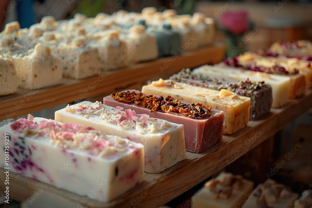 Assortment of handmade soap bars in a shop window. Selective focus ...