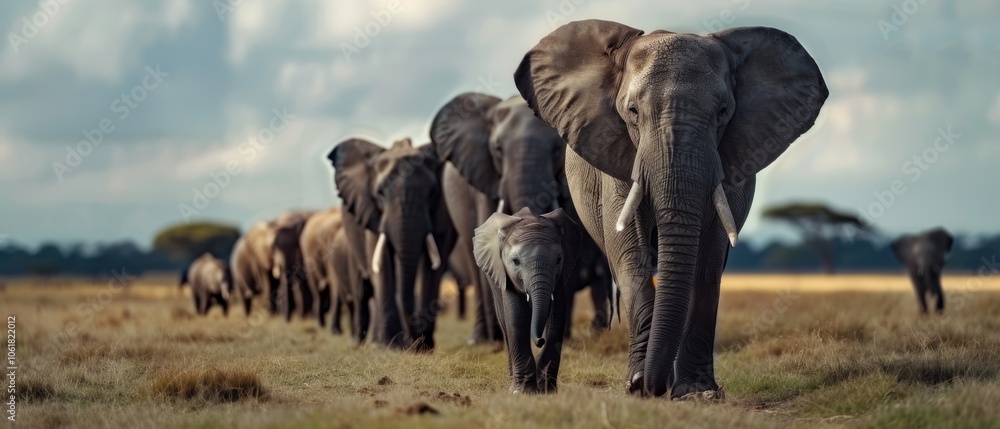 A majestic herd of elephants marches across the savannah, led by a ...