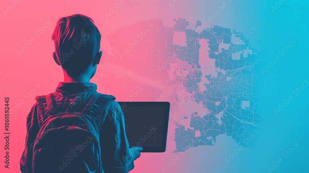 Kids exploring virtual maps on tablets side view with landmarks ...