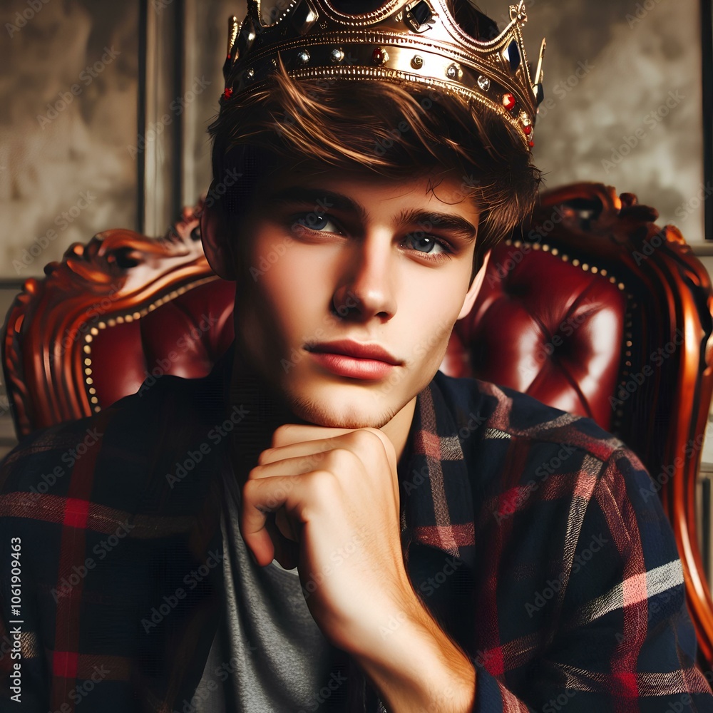 Handsome young teenager boy or man wearing crown, sitting in throne ...