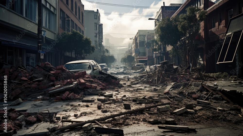Depict a dramatic urban scene during an earthquake, with crumbling ...