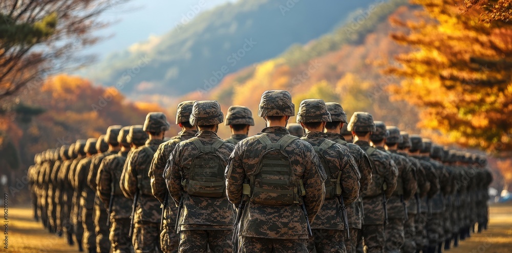 Army soldiers in formation with mountain backdrop in autumn Stock Photo ...