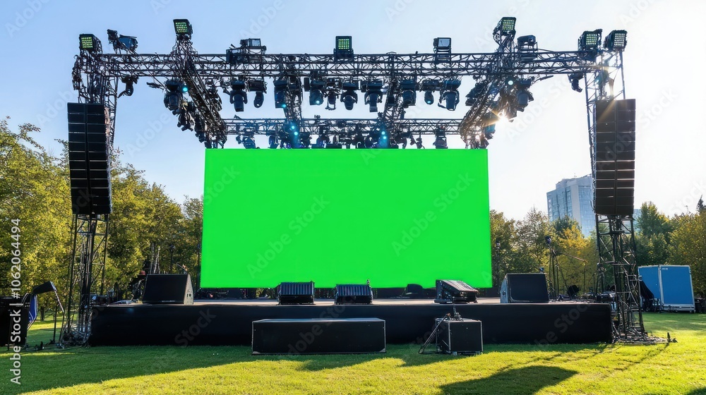 Stage modern rigging large outdoor concert with beam lights, sound ...