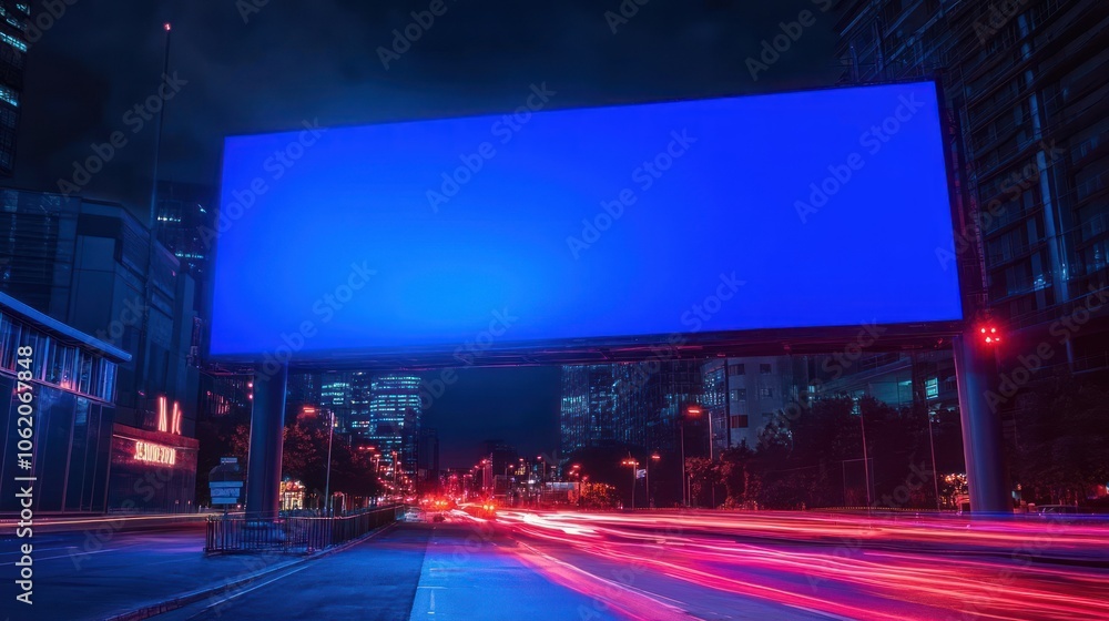 Big blue screen billboard on cyberpunk neon night city street mockup ...