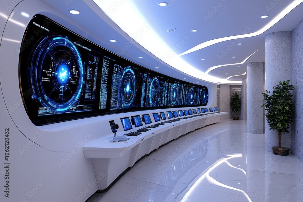 High-tech courtroom with holographic displays and digital evidence ...