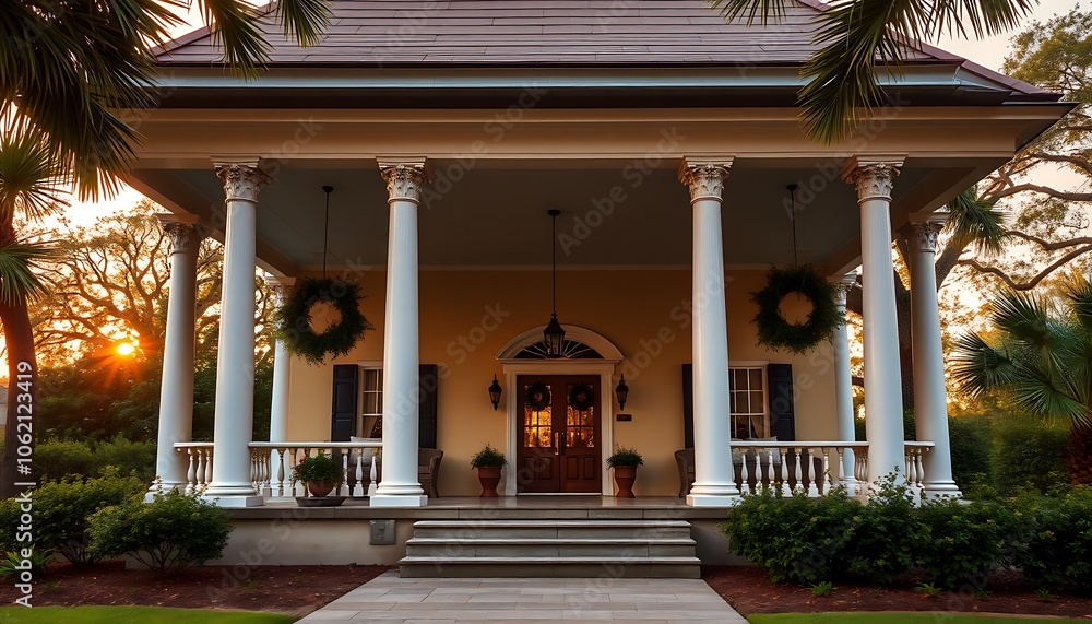 An inviting southern-style plantation home wallpaper with expansive ...