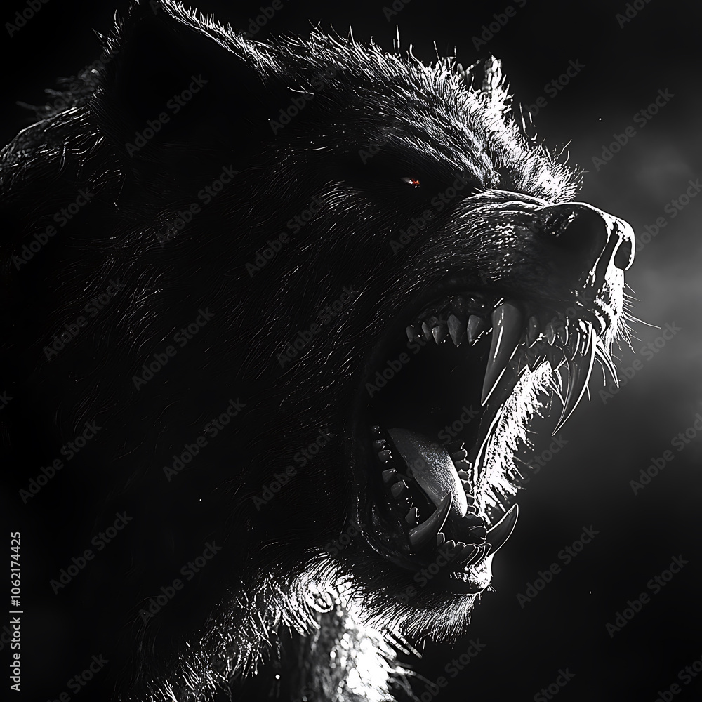fierce werewolf with sharp fangs and glowing eyes, rendered in high ...