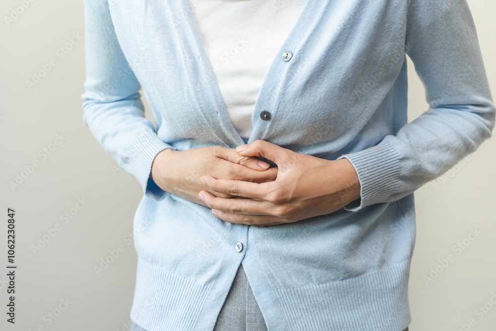 Flatulence ulcer, asian young woman, girl hands in belly, stomach pain ...