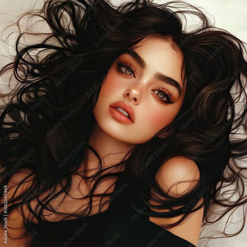photo realistic girl with thick wavy hair laying down on a solid white ...