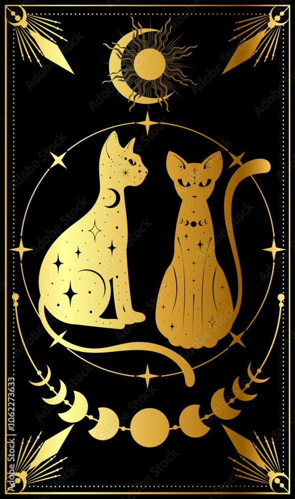 Two elegantly designed cats sit side by side, adorned with celestial ...